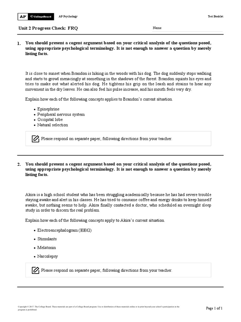 Unit 2 Progress Check: FRQ: AP Psychology Test Booklet | Download Free ...