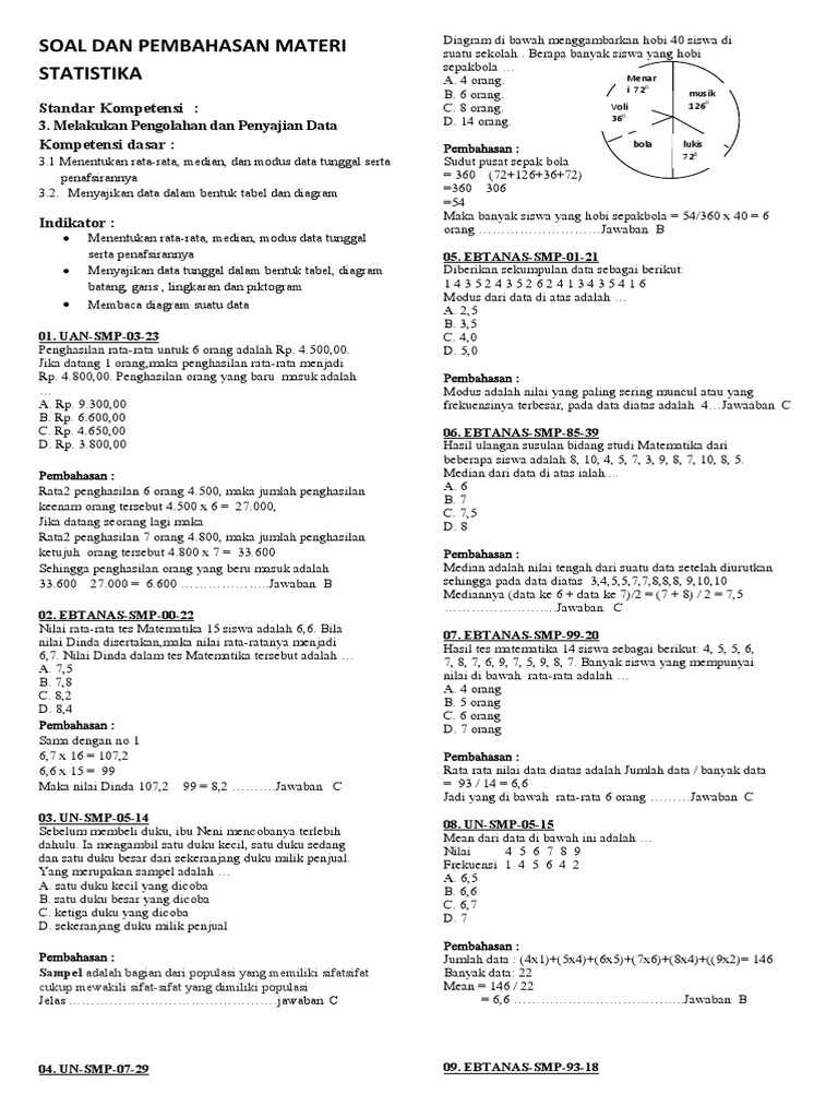 Soal Statistika Kelas 8 dan Pembahasan | PDF