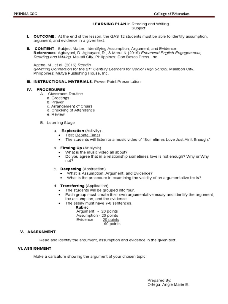 Argumentative Essay Lesson-Plan | PDF | Argument | Psychological Concepts