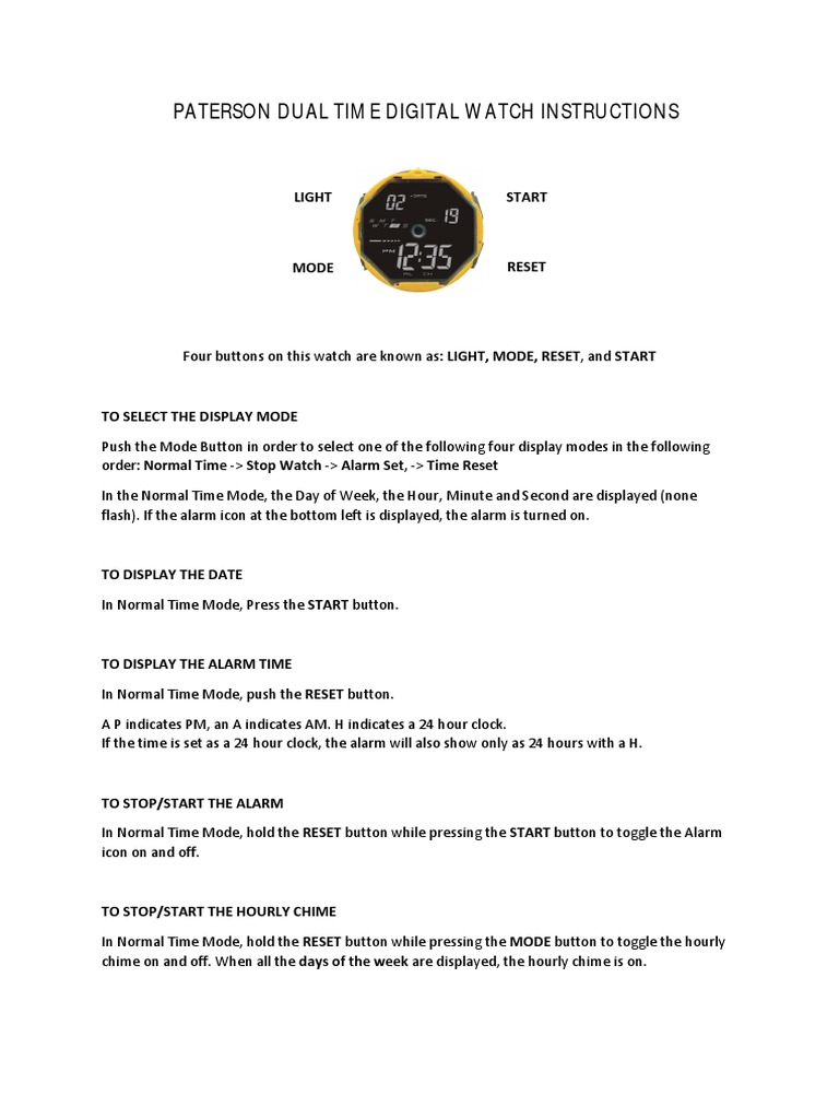 Paterson Dual Time Digital Watch Instructions: Light Start | PDF