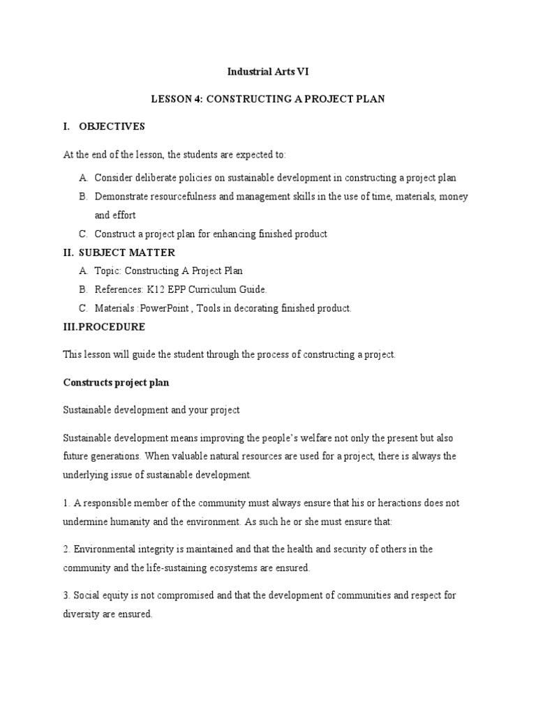 Industrial Arts VI Lesson 4: Constructing A Project Plan I. Objectives ...