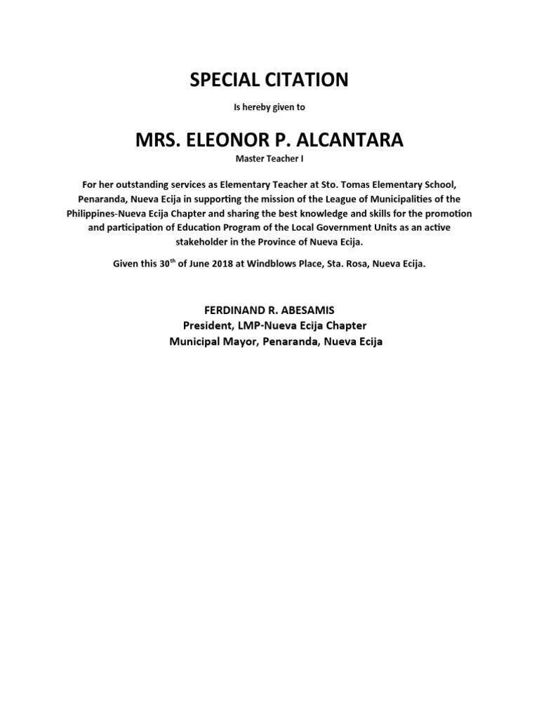 Outstanding Employee Award for Eleonor Alcantara | PDF