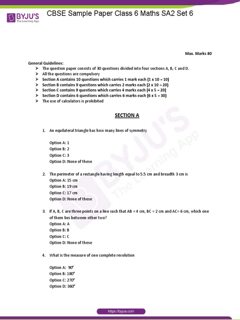 CBSE Sample Paper Class 6 Maths SA2 Set 6: Section A | PDF | Length ...