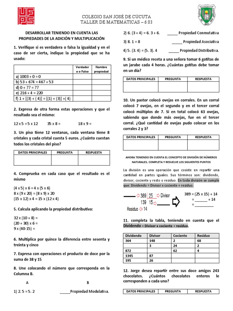 Taller de Propiedades de La Suma y La Multiplicacion | PDF | División ...
