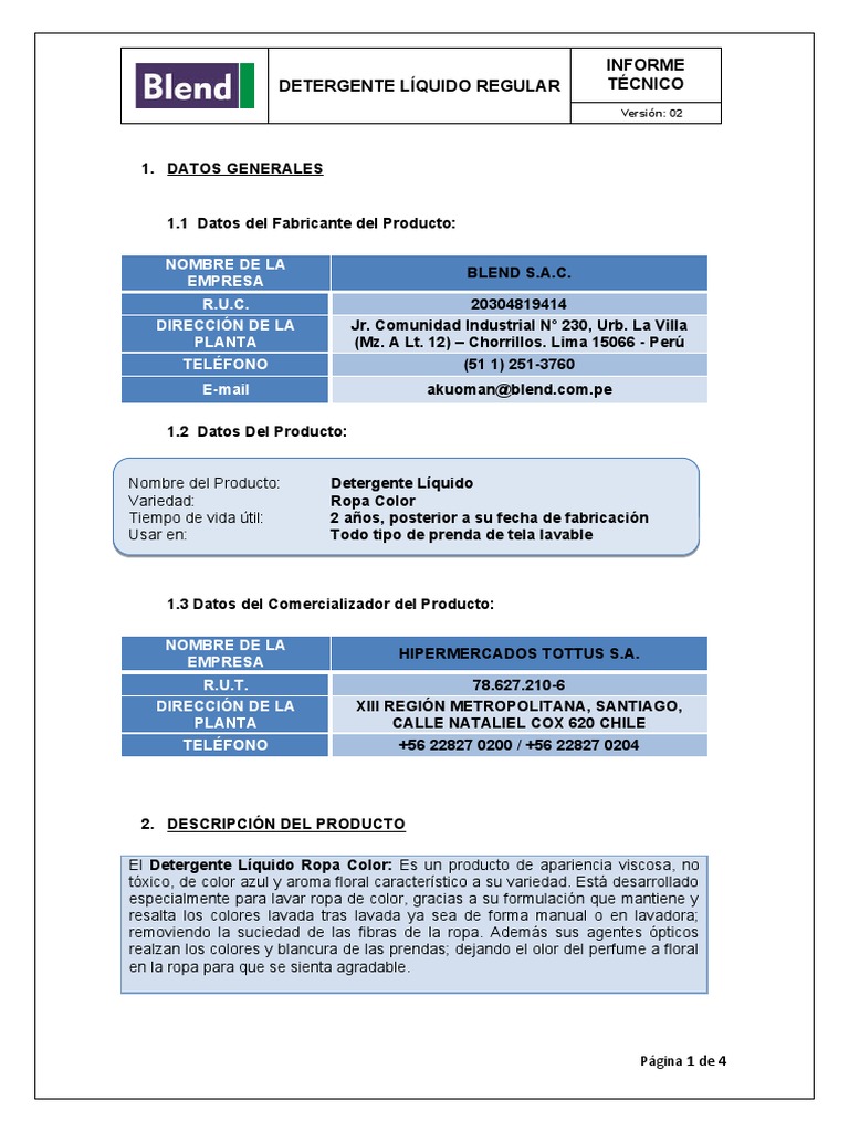 Ficha Tecnica Detergente Liquido Ropa Color | PDF | Detergente | Agua
