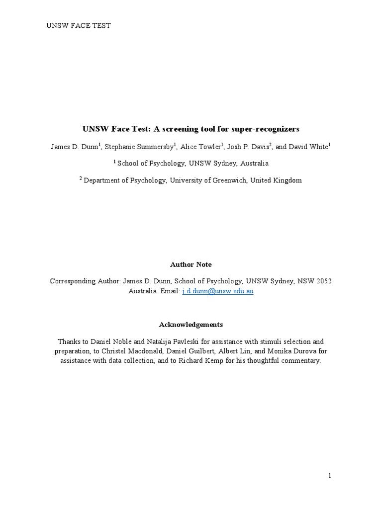 UNSW Face Test: A Screening Tool For Super-Recognizers: Author Note ...