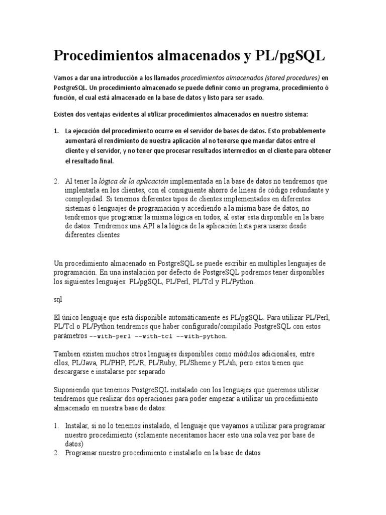 Procedimientos Almacenados y PL Funciones | PDF | Lenguaje de programación | Postgre Sql