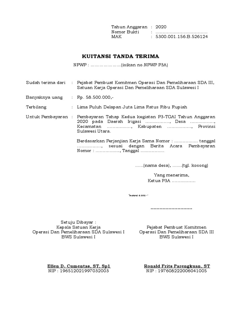 Kwitansi Tanda Terima Pembayaran P3-TGAI | PDF | Pengelolaan Keuangan ...