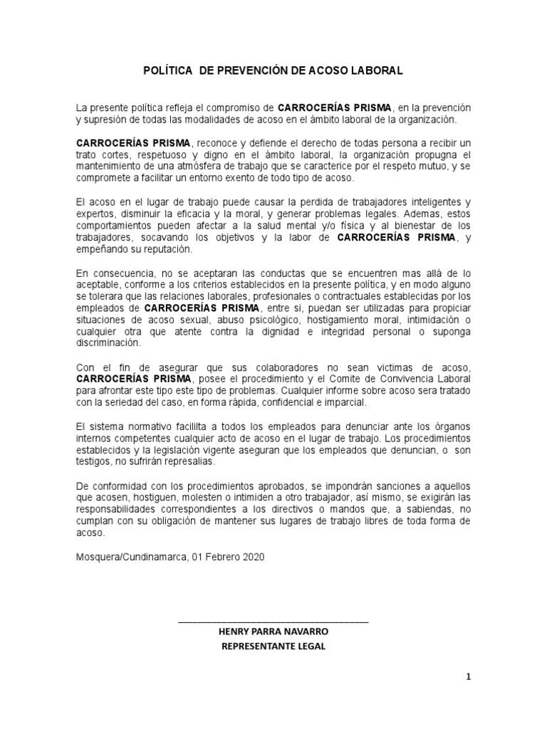 Politica De Prevencion Acoso Laboral Pdf Acoso Sexual Etica Aplicada