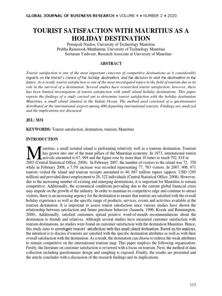 Tourist Satisfaction With Mauritius As A Holiday Destination | PDF ...