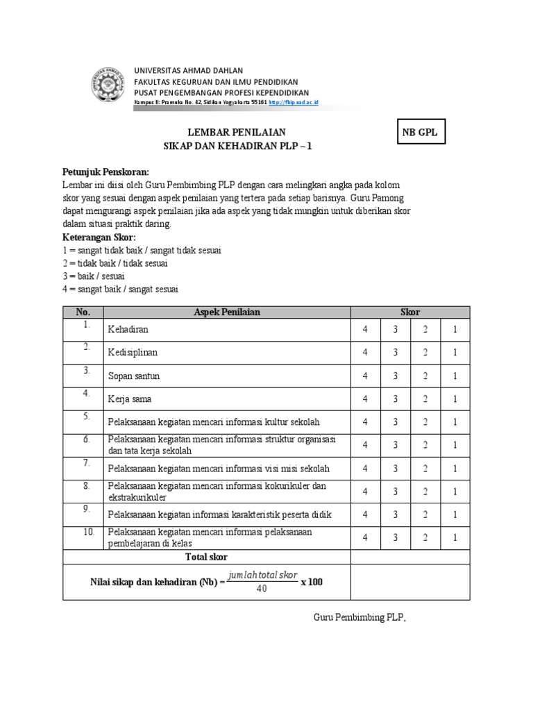Lembar Penilaian Sikap Dan Kehadiran PLP - 1 | PDF
