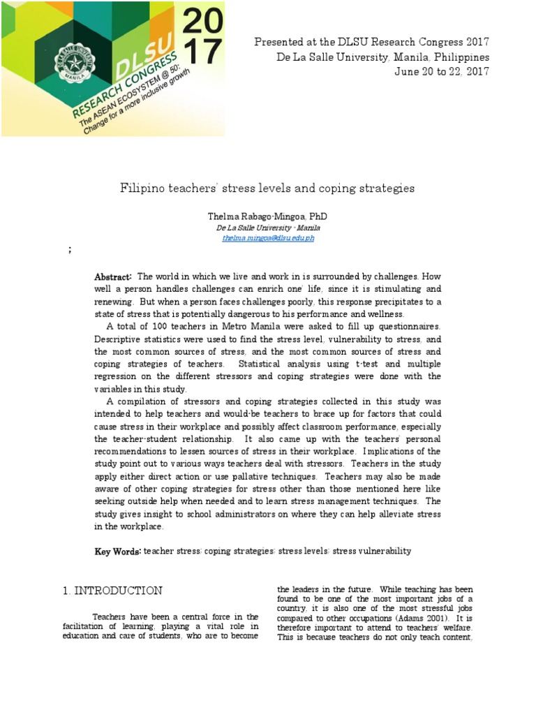 Filipino Teachers' Stress Levels and Coping Strategies | PDF | Stress ...