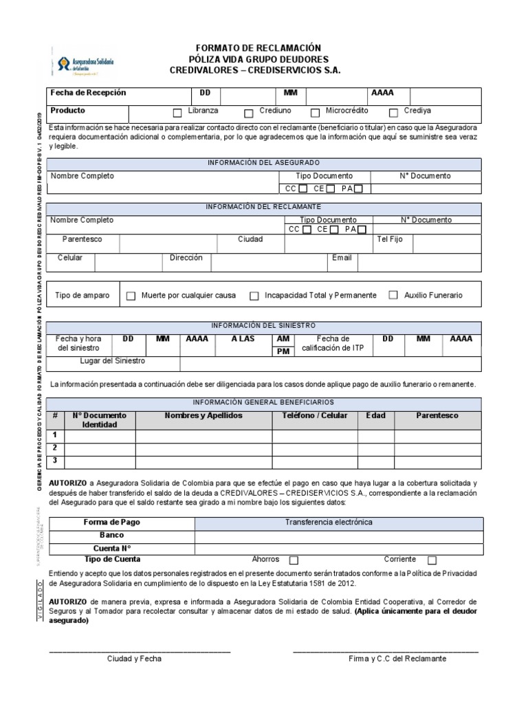 Formato de Reclamación | PDF | Póliza de seguros | Seguro