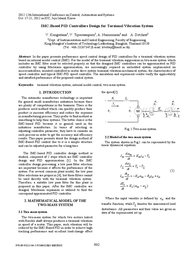 IMC-Based PID Controllers Design For Torsional Vibration System | Download Free PDF | Control ...