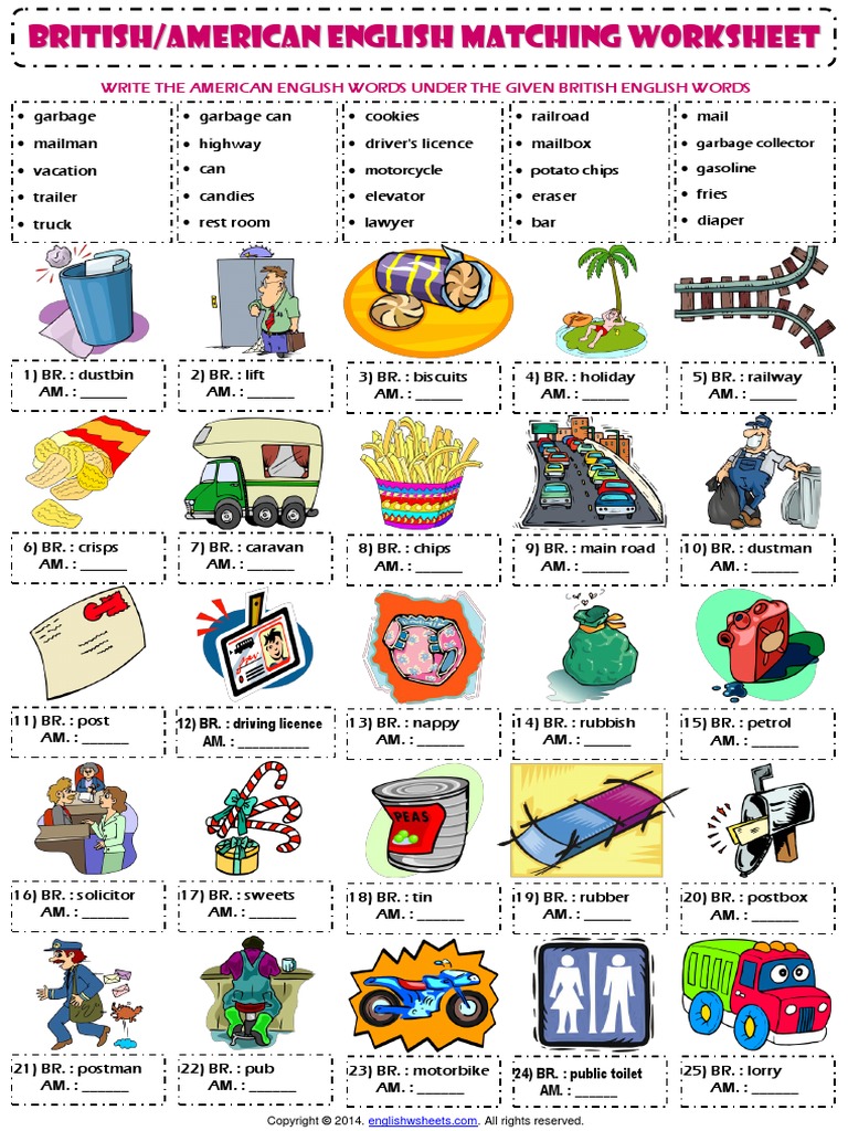 British and American English Words Matching Exercises Esl Worksheet PDF ...