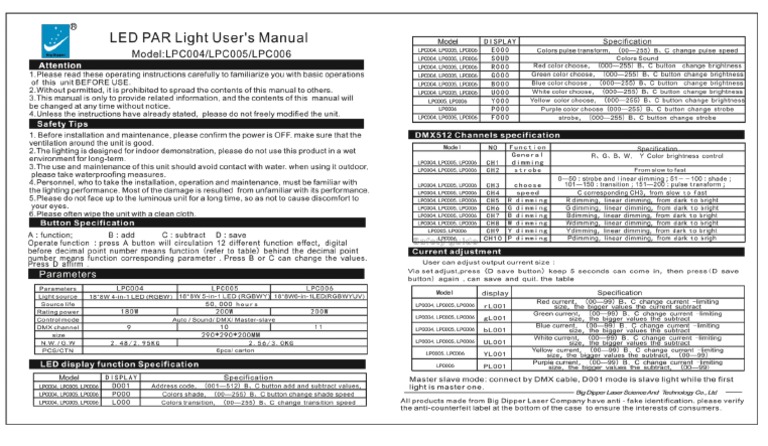Manual Par Led LPC004 Big Dipper | PDF