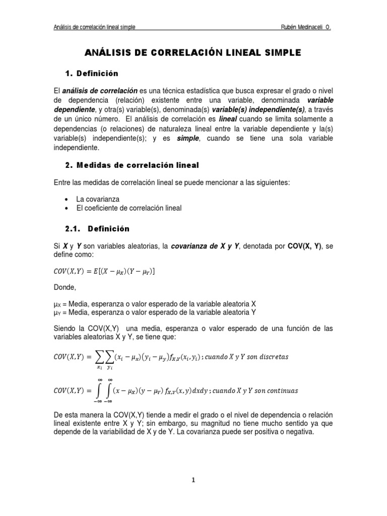Análisis de Correlación Lineal Simple | PDF | Covarianza | Correlación y dependencia