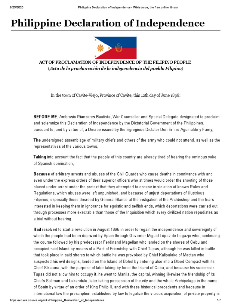 1898 Proclamation of Philippine Independence | PDF | Philippines