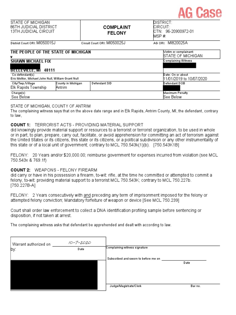 Complaint Felony: The People of The State of Michigan Shawn Michael Fix ...