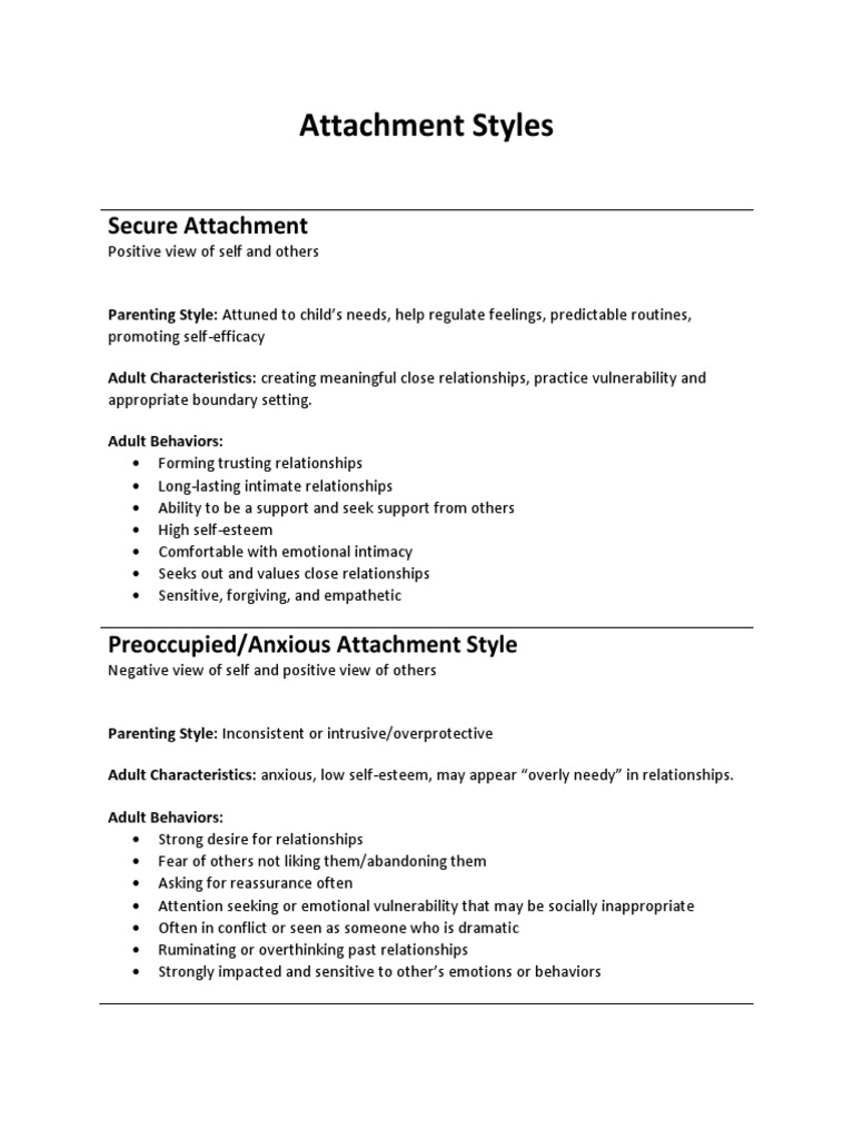 Attachment Styles Handout | PDF | Attachment Theory | Parenting