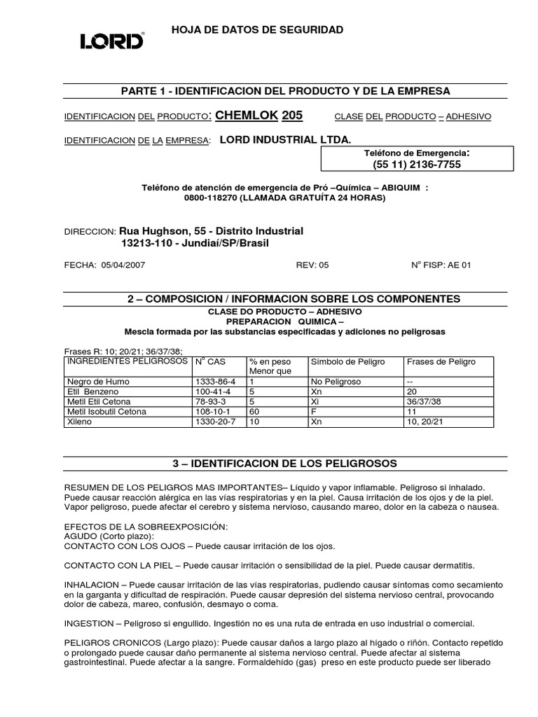 Chemlok 205: Adhesivo Inflamable y Peligroso | PDF | Primeros auxilios ...
