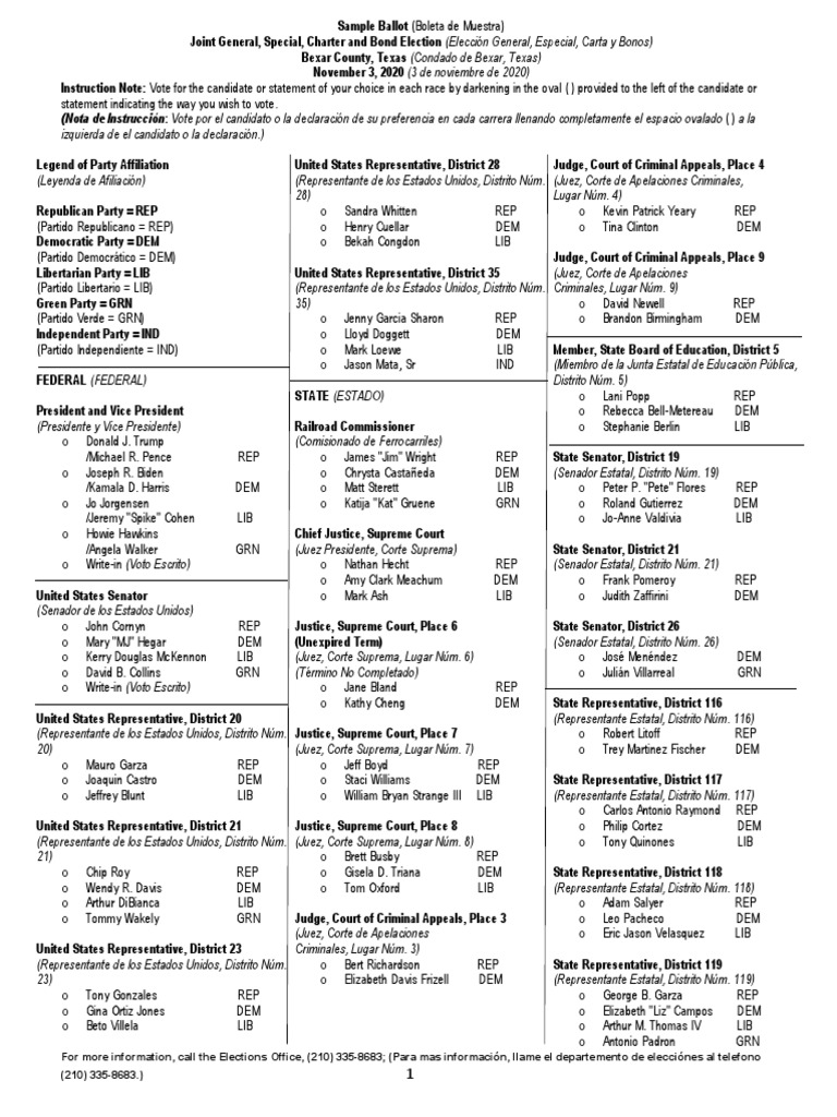 Bexar County Sample Ballot General Election 2020 | PDF | Gobierno ...