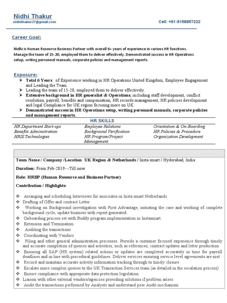 Nidhi Resume 1 | PDF | Human Resources | Human Resource Management