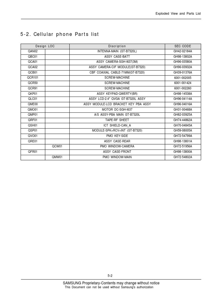 5-2. Cellular Phone Parts List: Design LOC Discription Sec Code | PDF ...