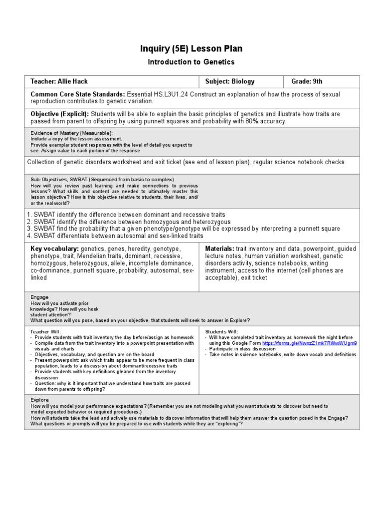 Inquiry (5E) Lesson Plan: Introduction To Genetics | PDF | Dominance ...