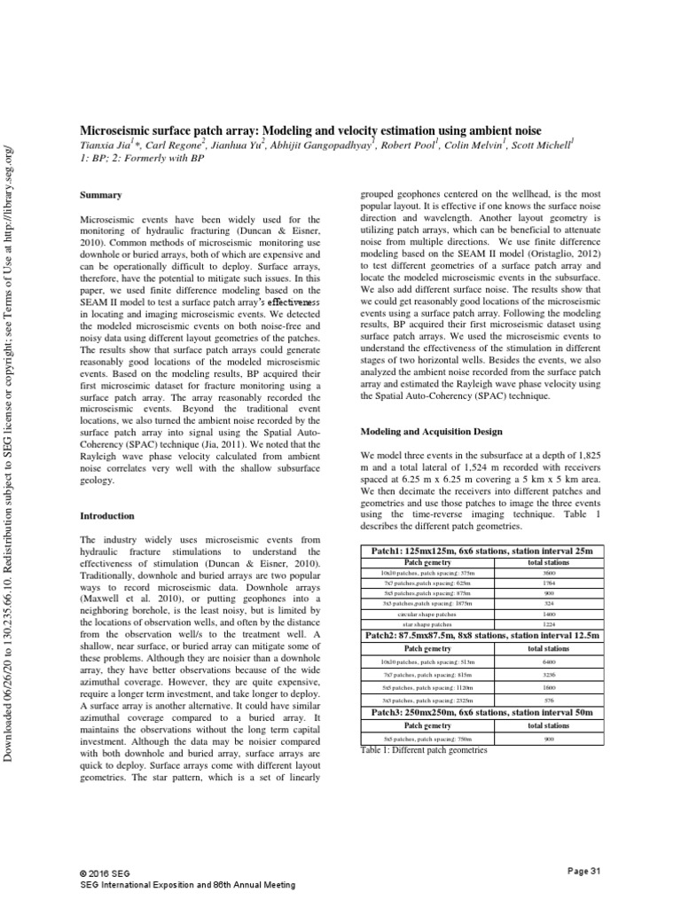 Microseismic Surface Patch Array Modeling and Velocity Estimation Using Ambient Noise | PDF ...