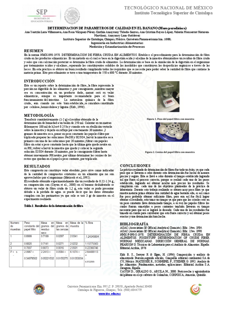 Determinación de la fibra cruda en banano mediante digestión ácida y ...