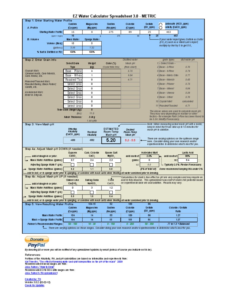 EZ Water Calculator Spreadsheet 3.0 - METRIC | PDF | Calcium | Sodium