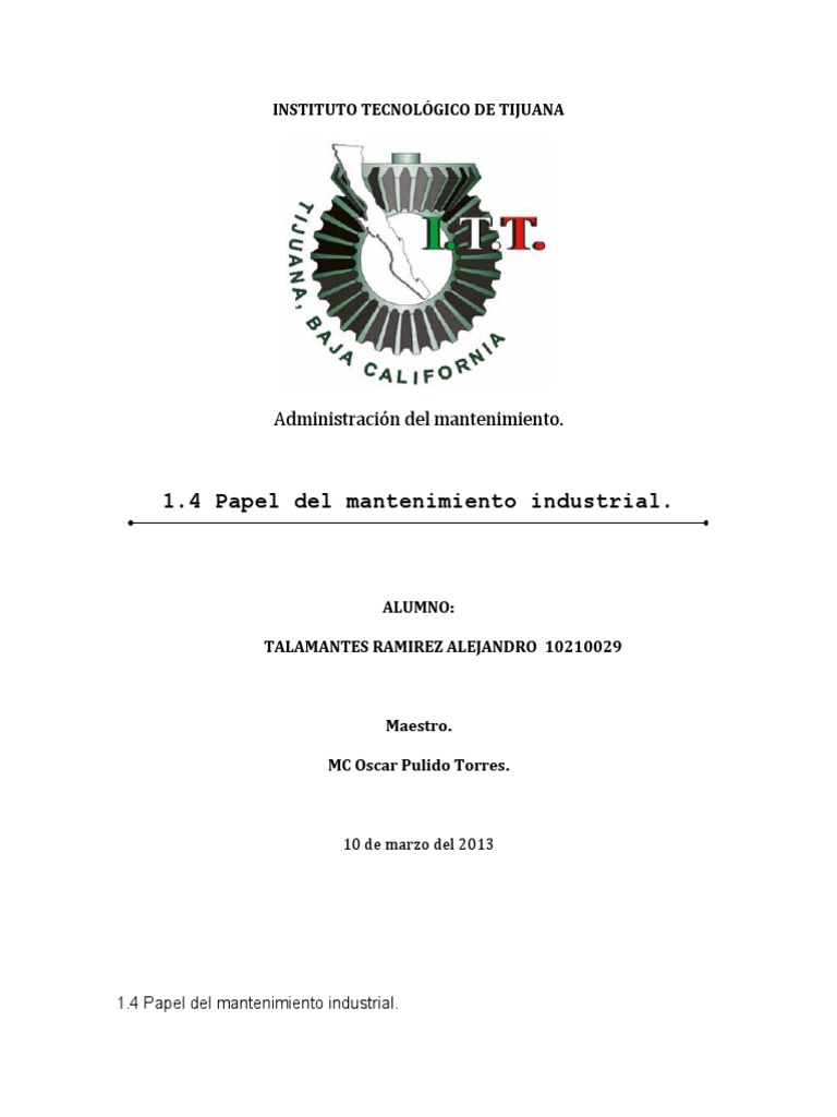 1.4 Papel Del Mantenimiento Industrial | PDF | Ingeniería de confiabilidad | Presupuesto
