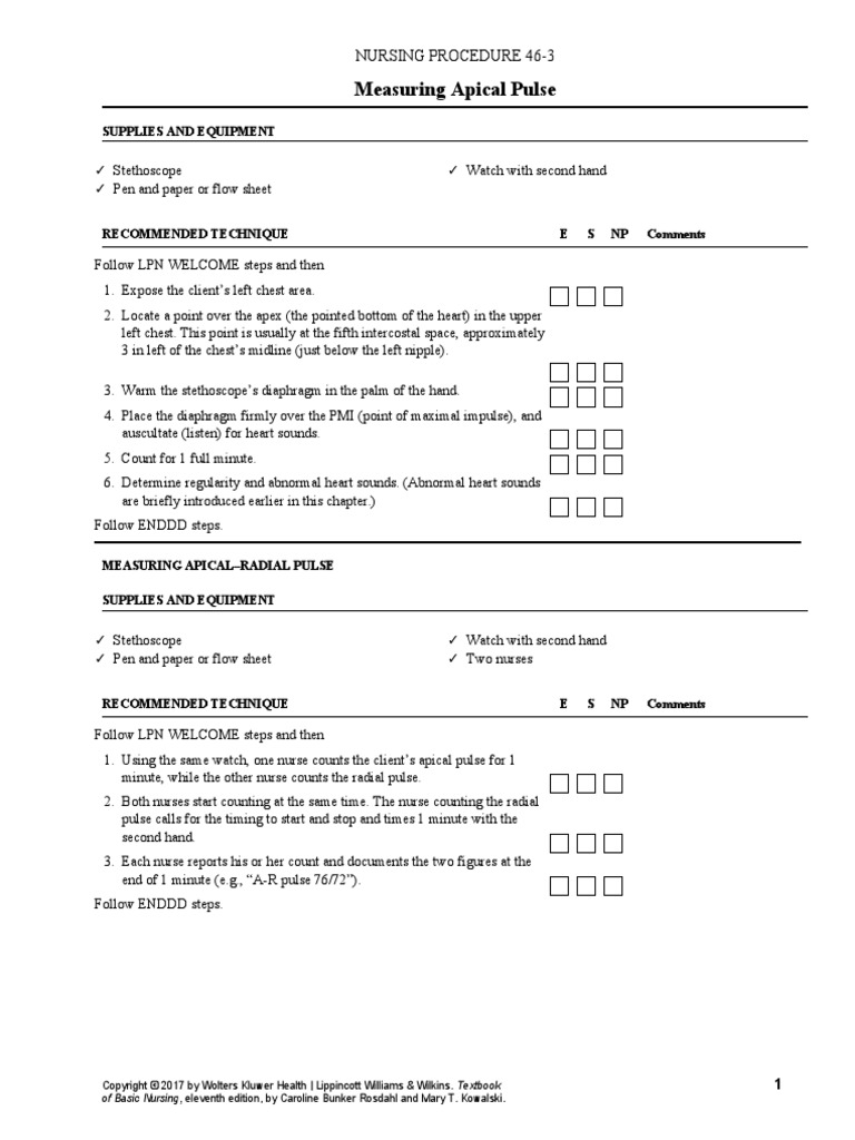Measuring Apical Pulse: Nursing Procedure 46-3 | PDF | Pulse | Heart