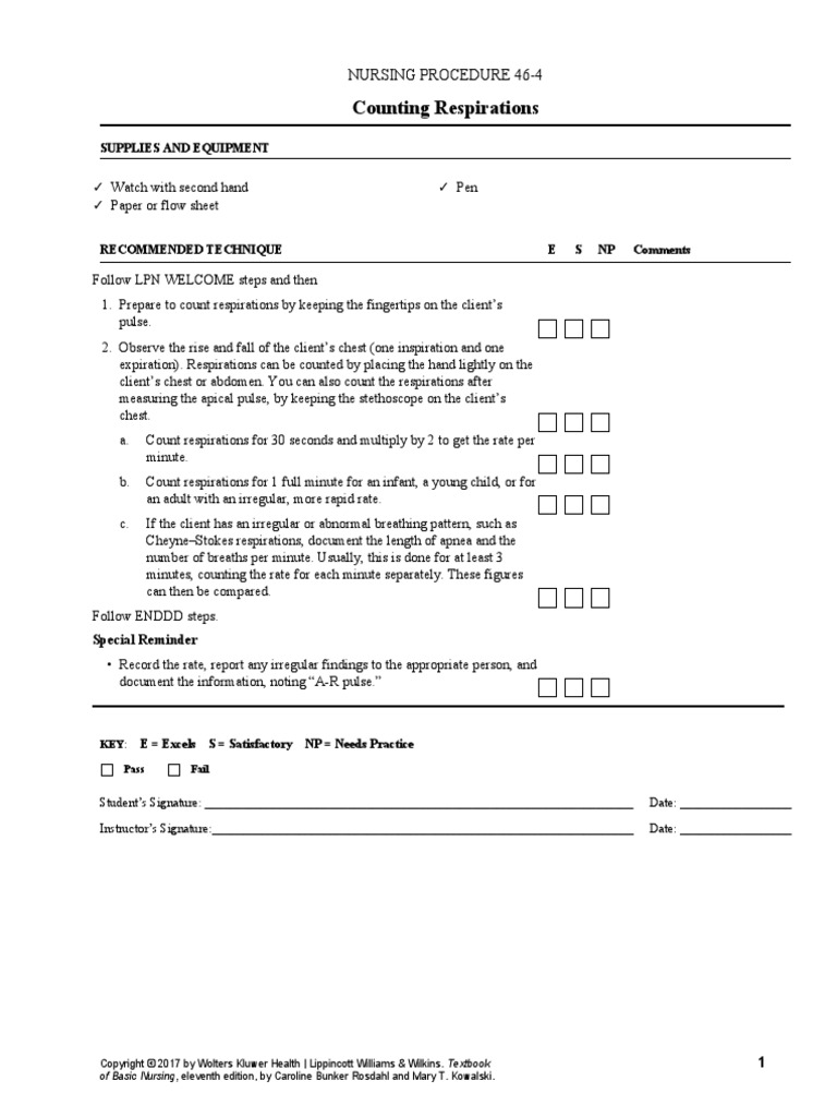 Counting Respirations: Nursing Procedure 46-4 | PDF