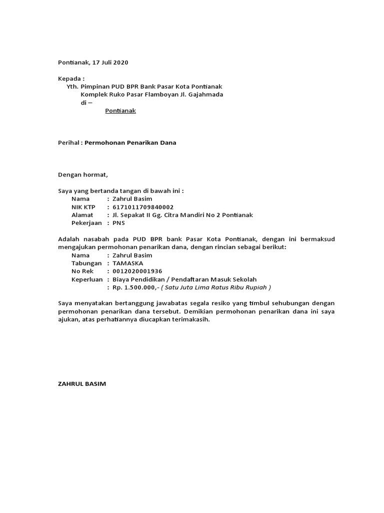 Permohonan Penarikan Dana Zahrul Basim | PDF