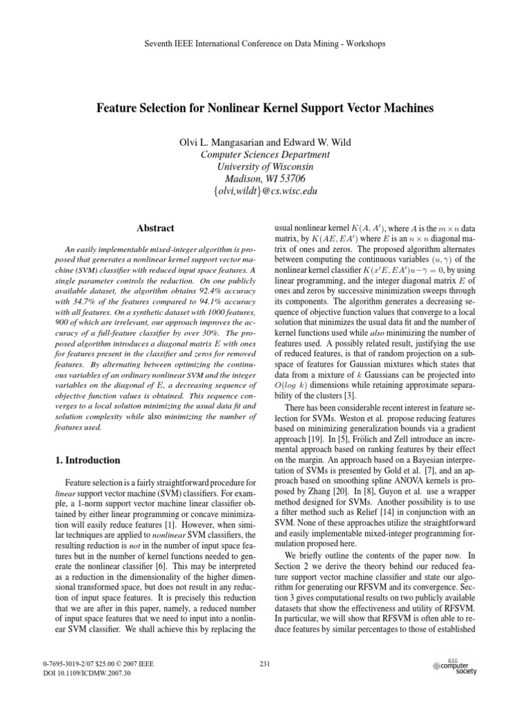 Feature Selection For Nonlinear Kernel Support Vector Machines | PDF | Statistical ...