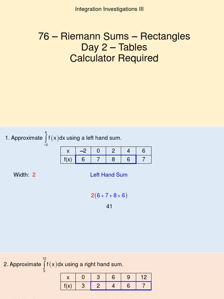 76C - PowerPoint - Riemann Sums - Rectangles - Day 2 - Tables | PDF ...