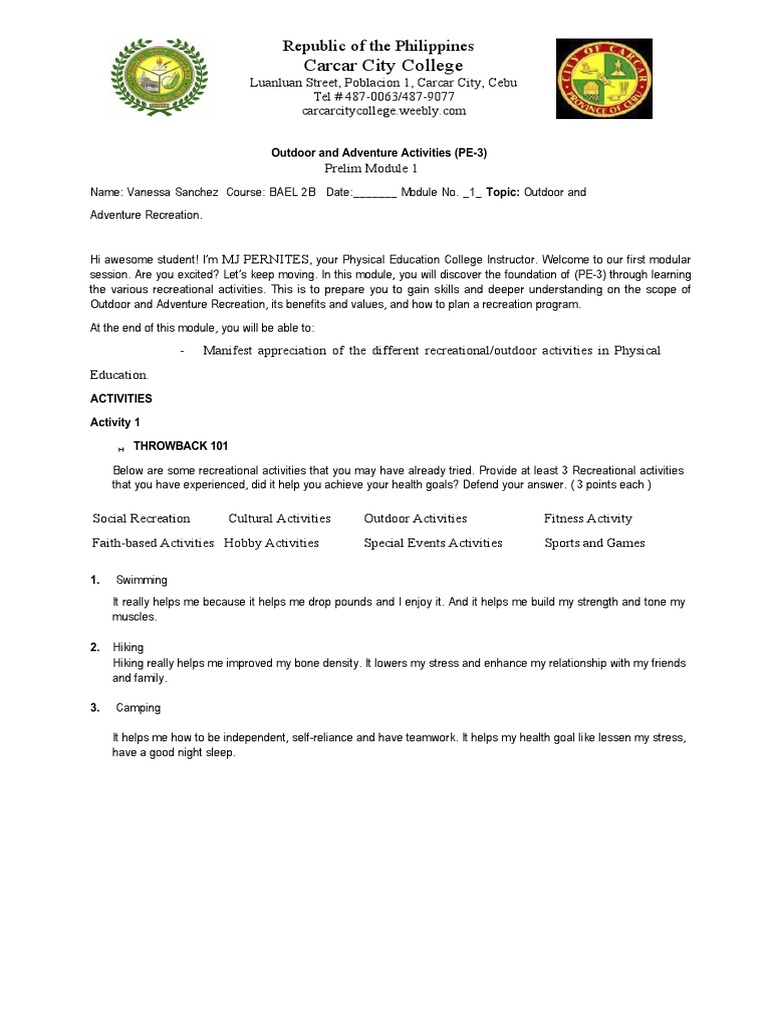 Carcar City College: Republic of The Philippines | PDF | Leisure ...