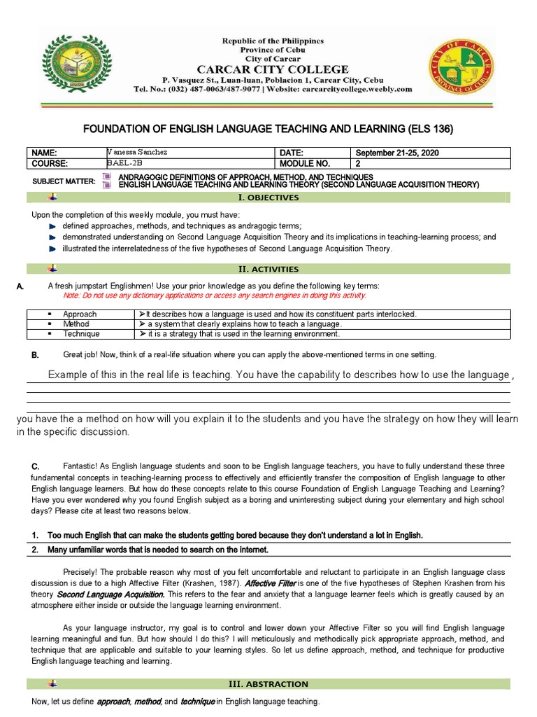 Foundation of English Language Teaching and Learning (Els 136) | PDF ...