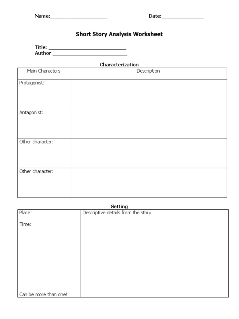 Short Story Analysis Worksheet: Main Characters Description Protagonist ...