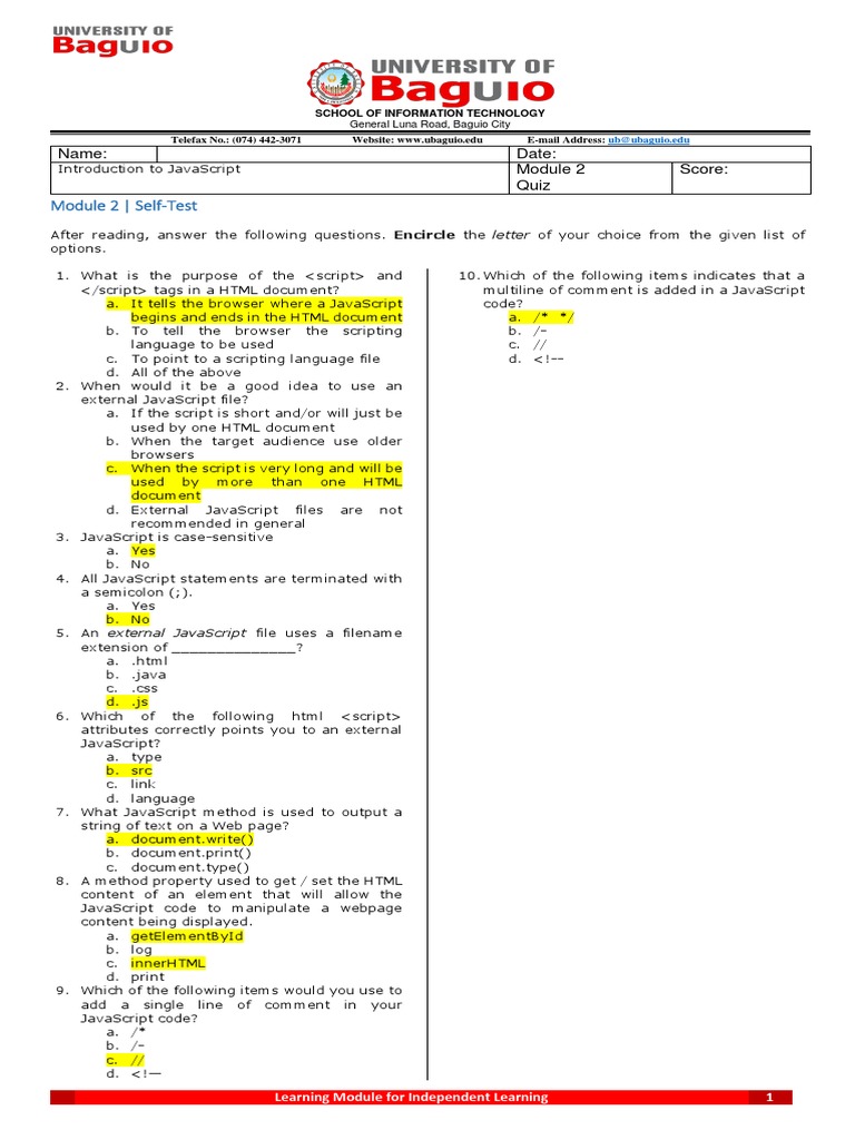 Module 2 - Self-Test: Name: Date: Quiz Score | PDF | Control Flow ...