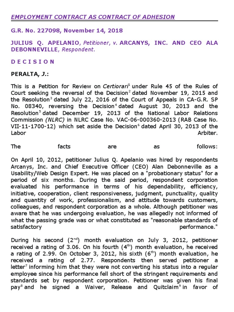 Employment Contract As Contract of Adhesion | PDF | Unfair Labor ...