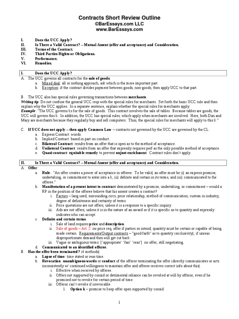 Bar Essays Contracts Short Review Outline PDF | PDF | Assignment (Law ...