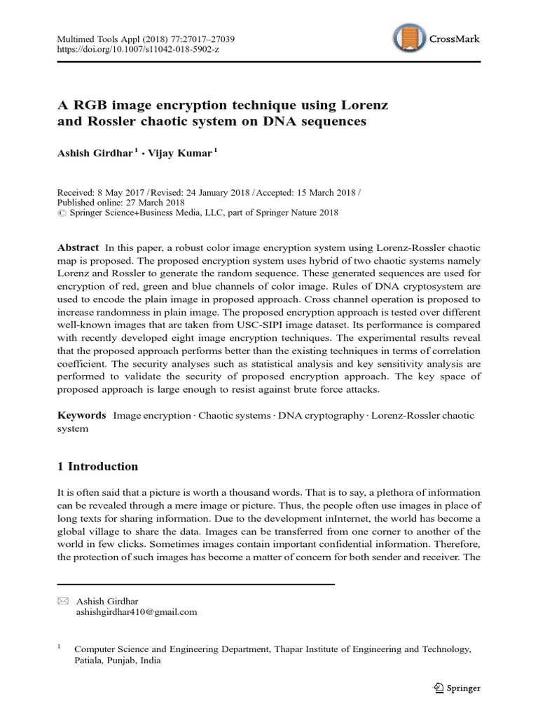 A RGB Image Encryption Technique Using Lorenz and Rossler Chaotic System On DNA Sequences | PDF ...
