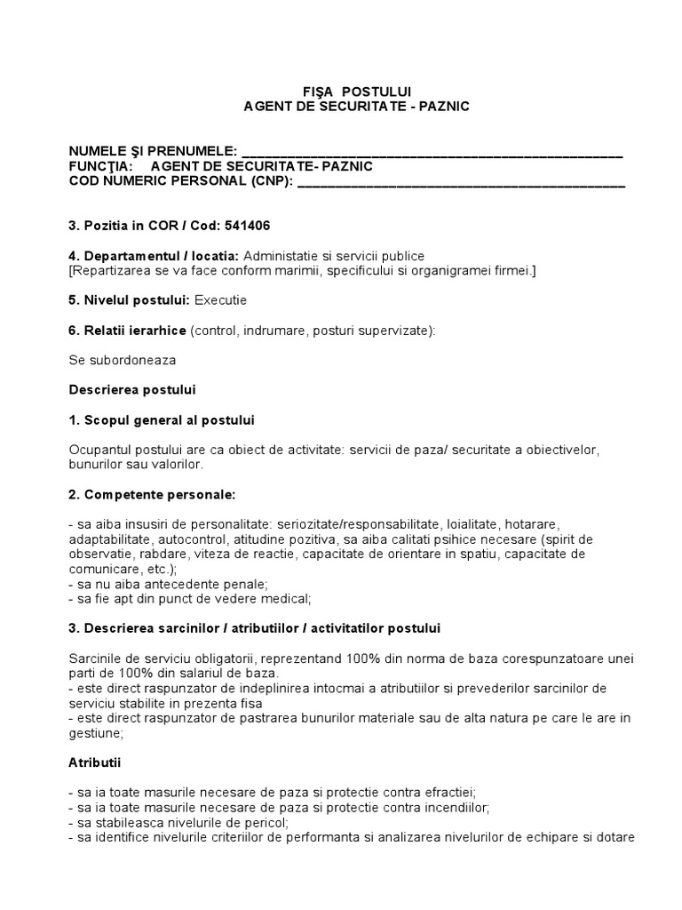 Fisa Post Agent Paza | PDF