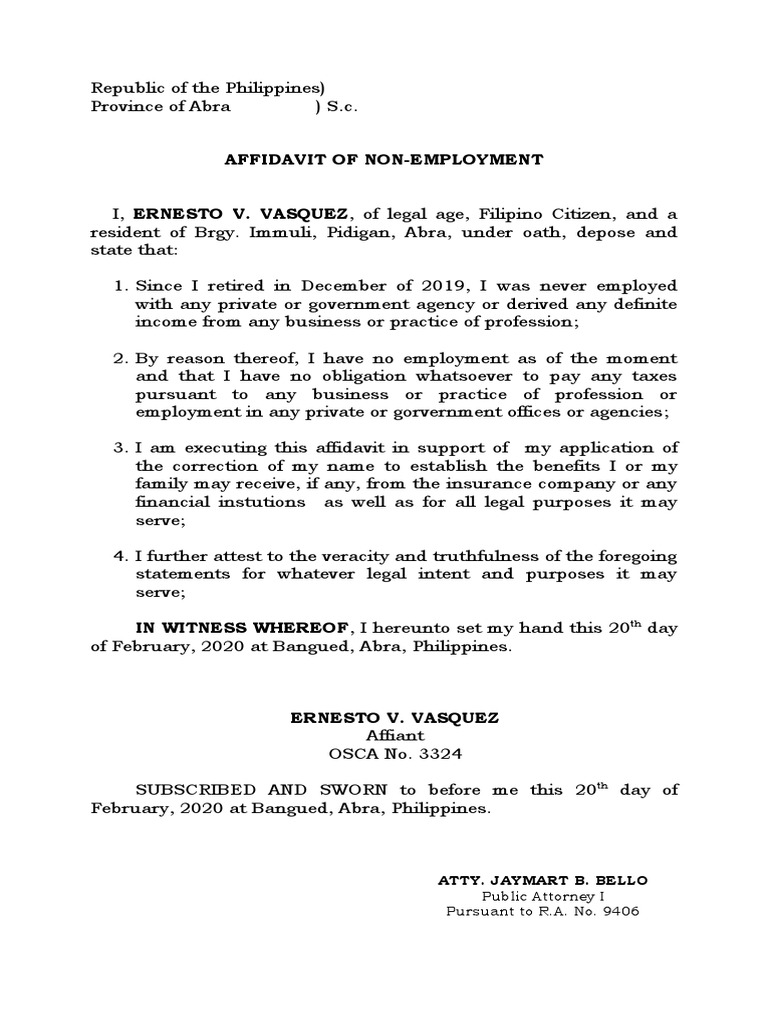 Affidavit of Non-Employment - Vasquez | PDF