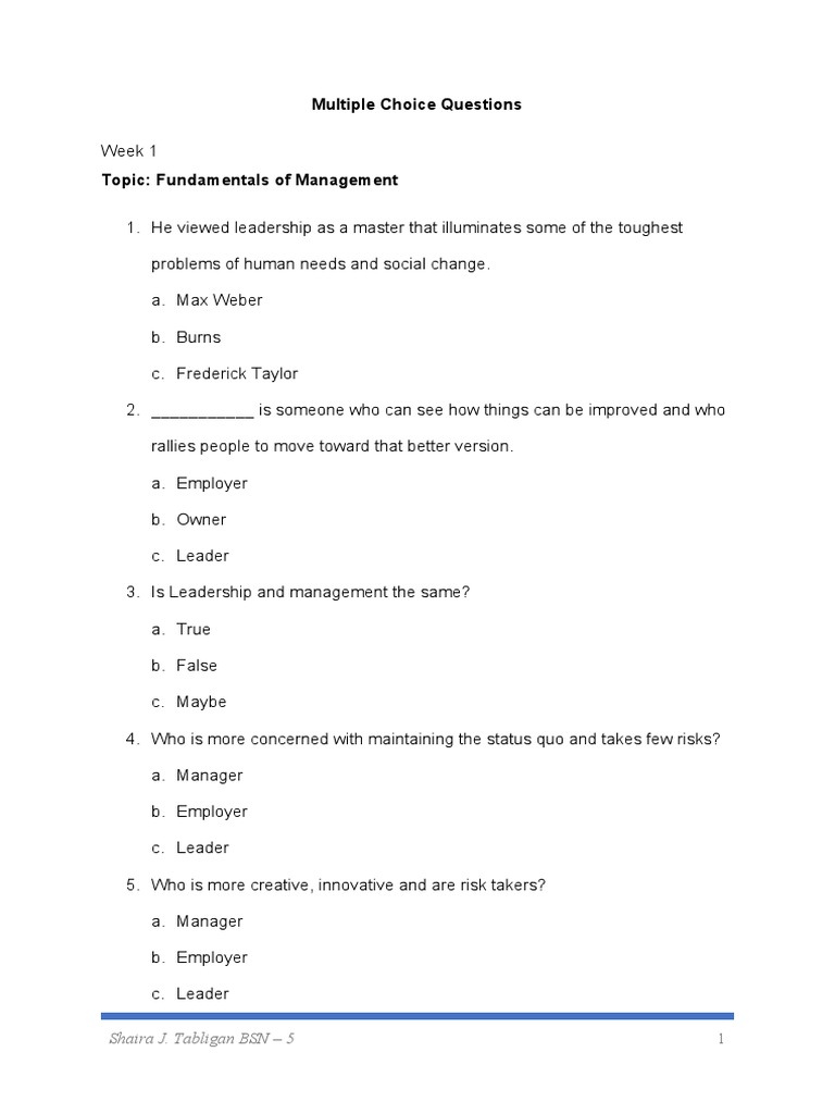 Fundamentals of Management Sample Questions | PDF | Leadership | Action ...