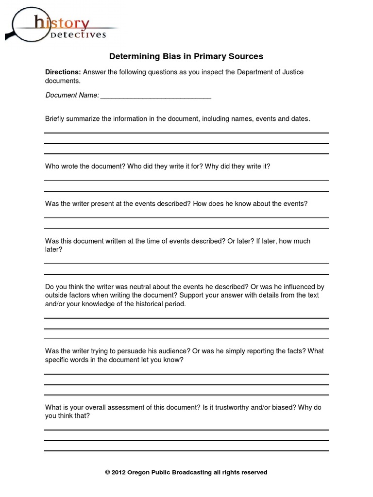 Determining Bias in Primary Sources: Directions: Answer The Following ...
