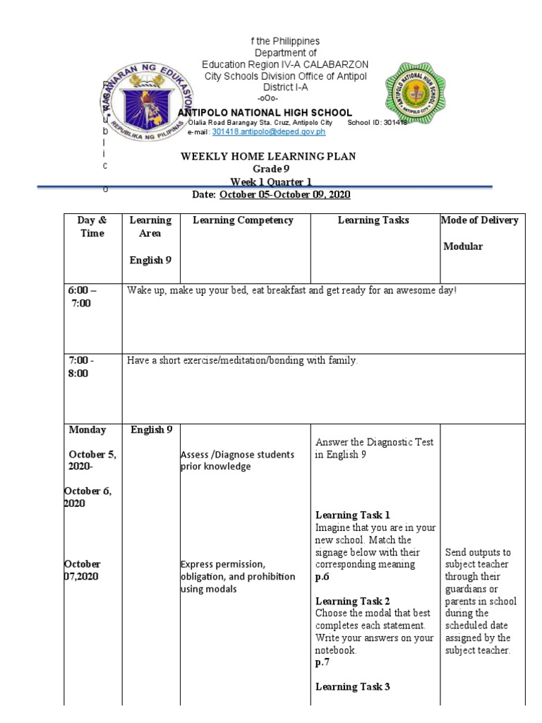 Weekly Home Learning Plan - English 9 Week 1 & 2 | PDF | Behavior ...